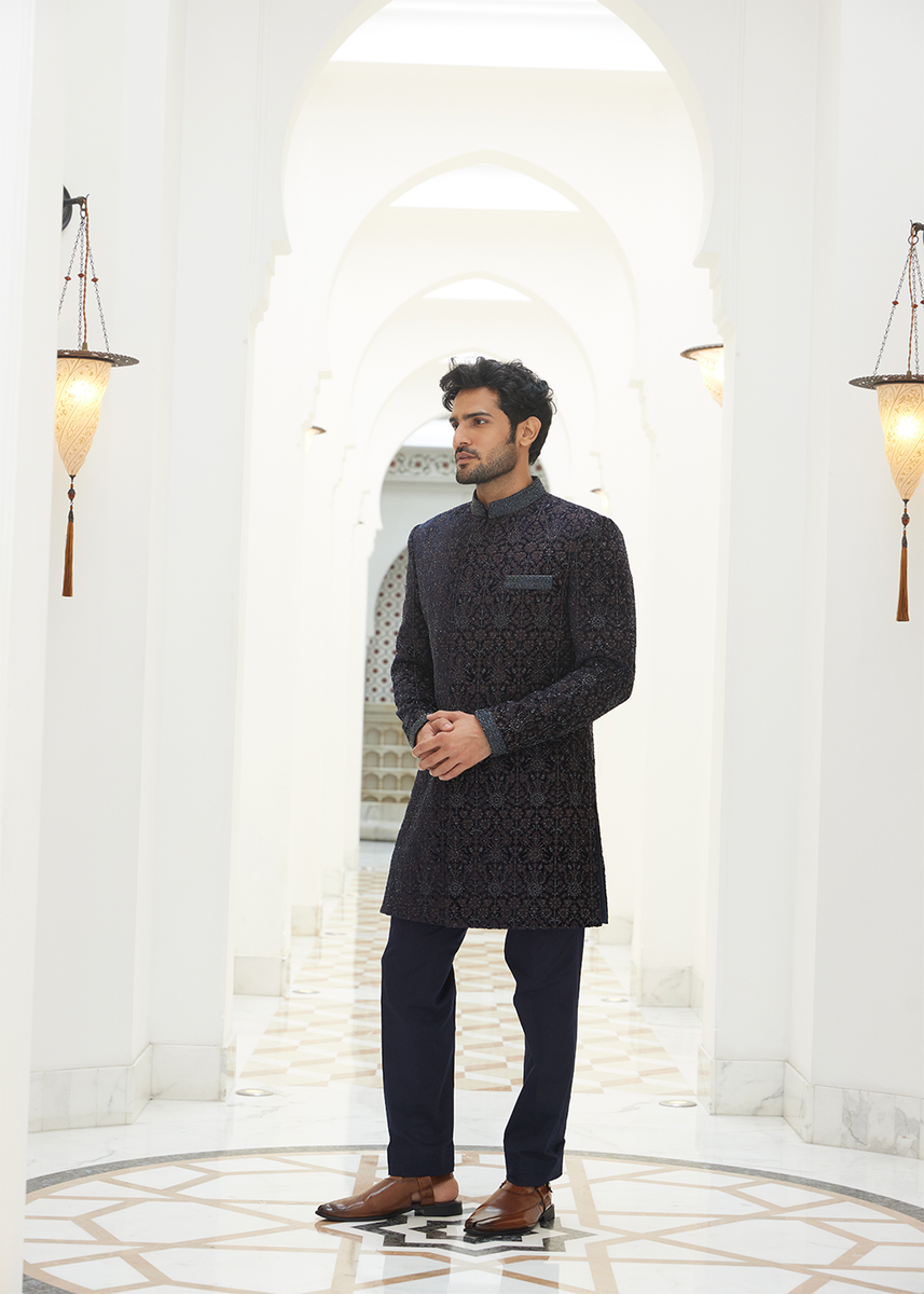 Midnight Blue Embroidered Velvet Short Sherwani with Kurta and Trouser ...